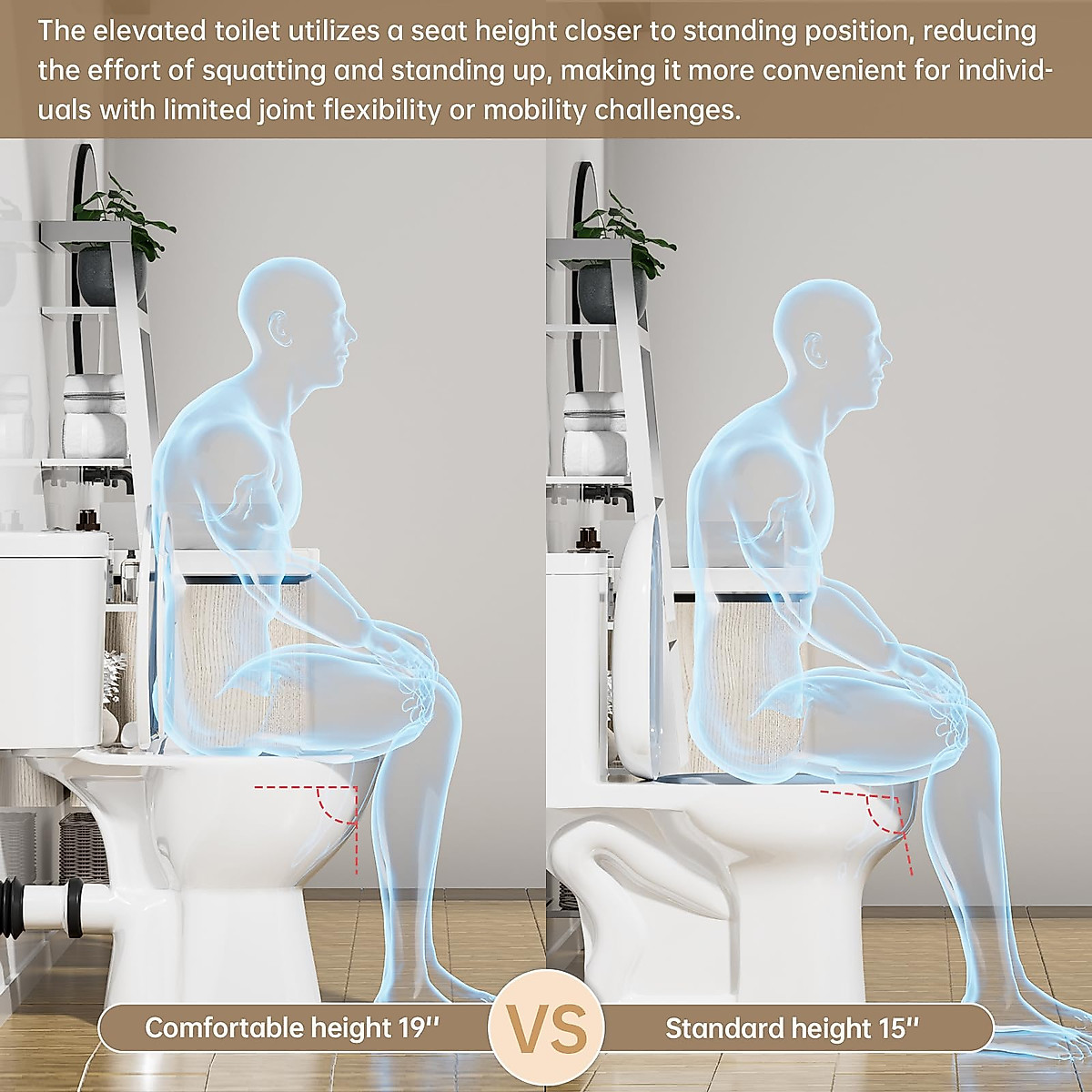 SUPERFLO Rear Outlet Toilet With 19 Inch Tall Toilet Bowl & Tank, High Toilets For Seniors With Rear Discharge-Includes Extension Pipe