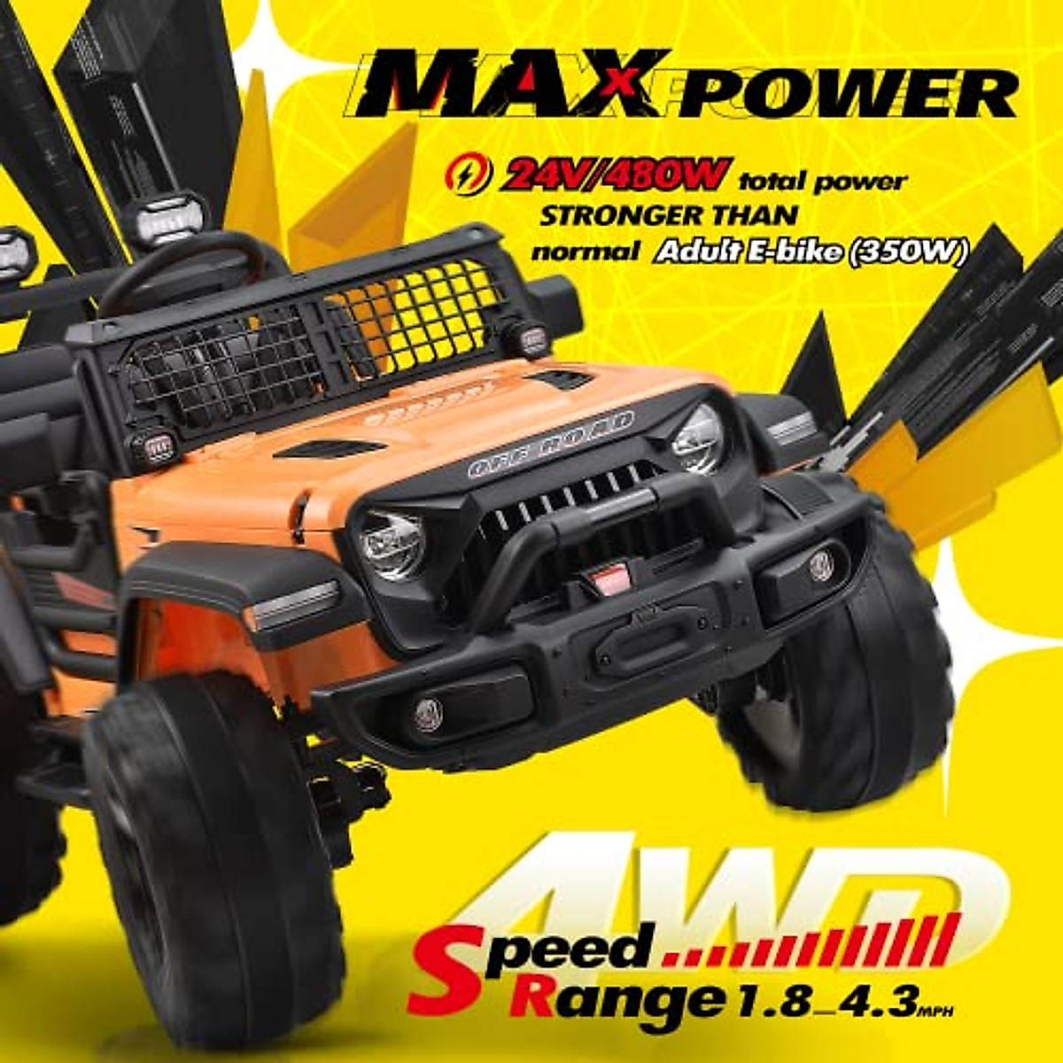 Blitzshark 24V MAX Ride-on Truck 2 Seater 4WD Kids Electric Vehicle 4x4 XXL Battery Powered Car, with 480W Ultra Powerful Motor, Remote Control, Full-Metal Suspension& Free DIY Sticker, Golden