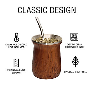 LA FEE Yerba Mate Natural Gourd/Egg Cup Set Brown (Original Traditional Mate Cup - 12 Ounces), Includes Yerba Mate Straw & Cleaning Brush, Stainless Steel | Double-Walled | Easy to Clean