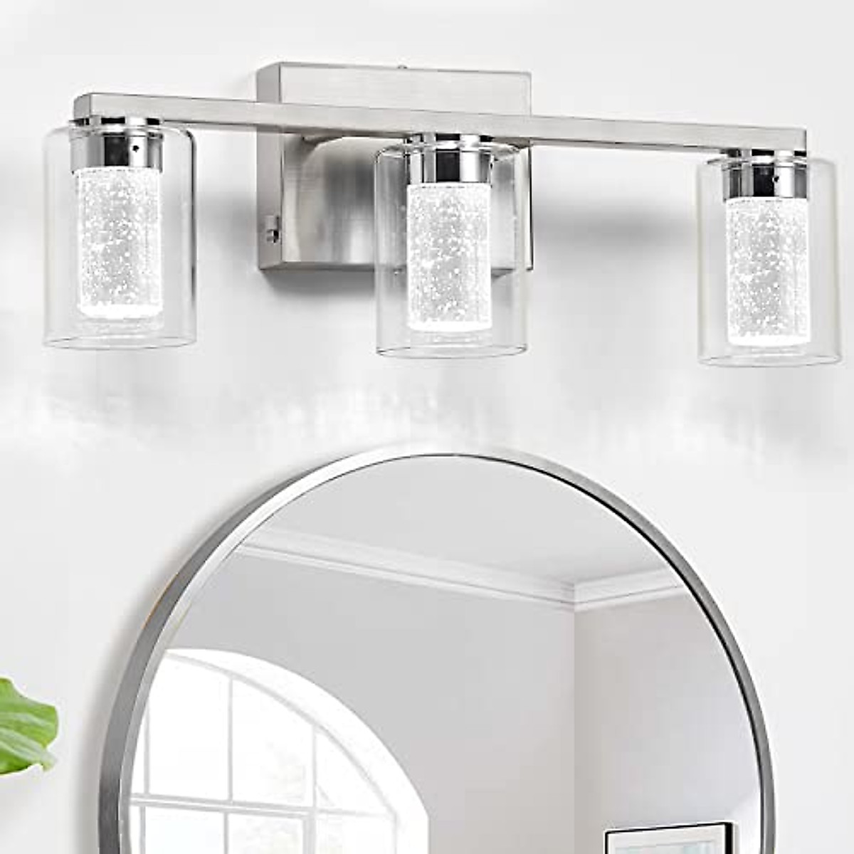 SADENICEL Brushed Nickel Vanity Lights, 3-Light Bathroom Light Fixtures, Crystal LED Bathroom Lights Dimmable White/Neutral/Warm Light with Clear Glass Shade for Bathroom Bedroom Hallway Lighting