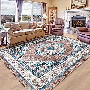 Chicrug 5x8 Area Rugs for Living Room, Red Memory Foam Rugs for Bedroom, Vintage Distressed Floral Medallion Print Indoor Floor Carpet Rug for Bedside Dining Room Decor