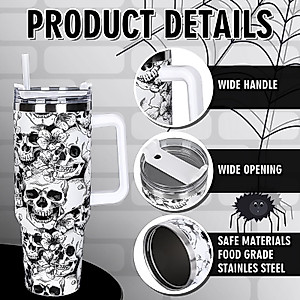 Whaline 40oz Halloween Tumbler with Straw and Lid Skull Travel Coffee Tumbler Cup with Handle for Trick or Treat Birthday Party Gifts
