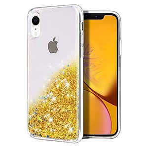 WORLDMOM for iPhone XR Case, Double Layer Design Bling Flowing Liquid Floating Sparkle Colorful Glitter Waterfall TPU Protective Phone Case for iPhone XR [6.1 Inch 2018], Yellow