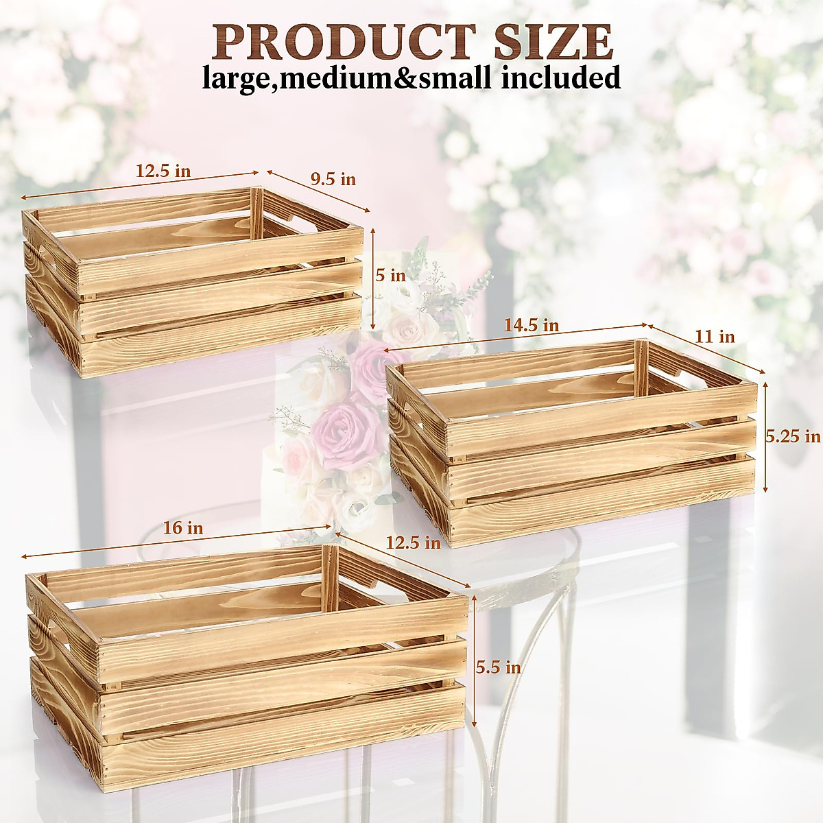 Soaoo 3 Pieces Decorative Wood Crates Nesting Crates Storage Container, Rustic Wooden Crates Storage Display Decor for Wedding Party(Wood Color)