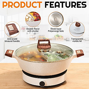 Generic 5-QT Double-flavor Multi-Functional Hot Pot Divider for Dual Broth Cooking - Dual-Sided 12 Inch Shabu Shabu Pot for Electric Induction, Gas Stove, Cooktop, Grill, Large, Beige