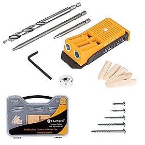 MulWark Mini Wood Pocket Hole Jig Kit - Two Pocket Screw Jig Kit with Drill Guide, Square Driver Bit, Hex Wrench, Step Drill Bit, Wooden Plugs and Screws - Mini Pocket Jig Hole Kit for Joinery Work