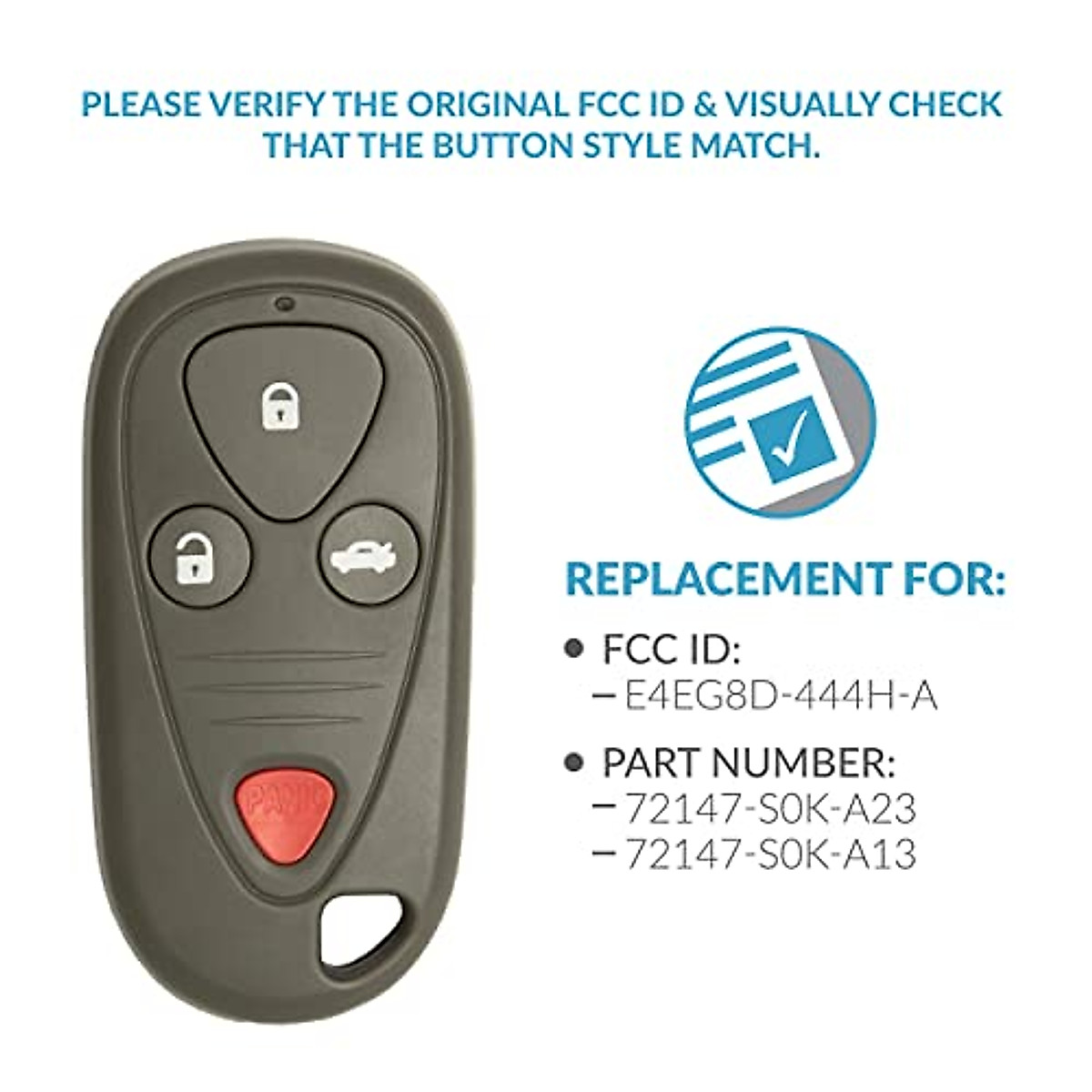 Keyless2Go Replacement for 4 Button Remote Key Fob Acura E4EG8D-444H-A 72147-S0K-A13 72147-S0K-A23