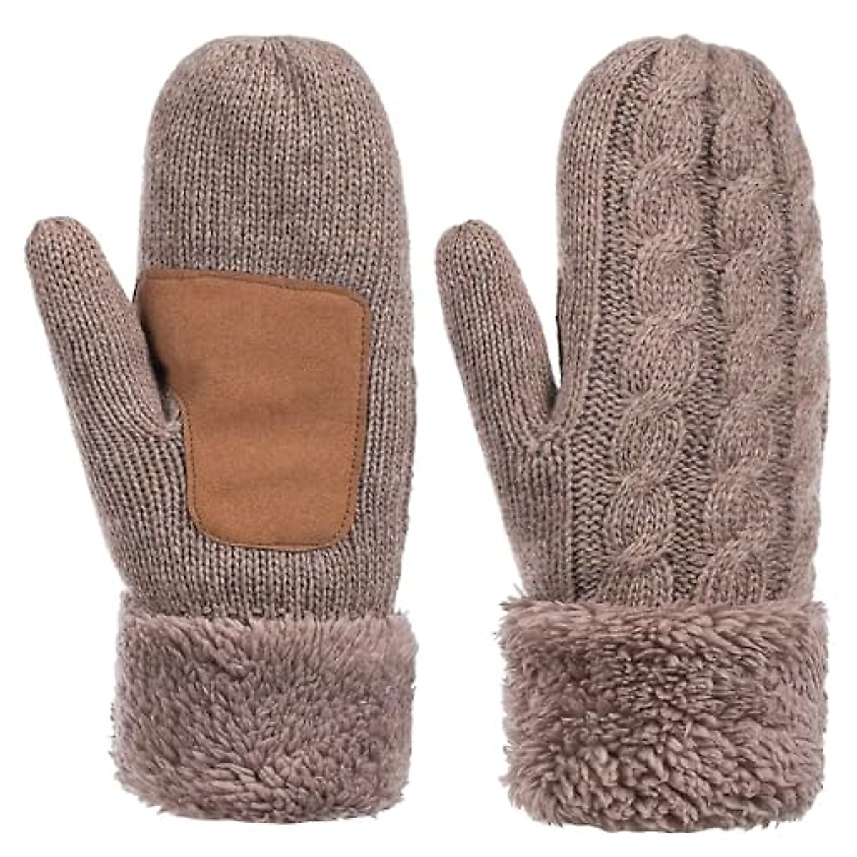 Mittens for Women Cold Weather, Womens Mittens Merino Wool Cable Knit Warm with Thick Thermal Fleece Lined, Winter Gloves with Touchscreen Fingers Anti-Slip(Khaki)