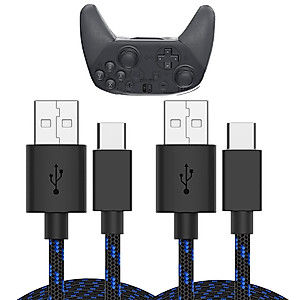 TALK WORKS USB-C Charger Cables for Nintendo Switch/Lite + Switch OLED & Pro Controller - 10ft Long Nylon Durable Braided USB Type C Charging Cable for Controllers - Black-Blue (2 Pack)