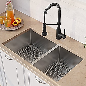 KRAUS 33-inch 16 Gauge Double Bowl 60/40 Standart PRO Kitchen Sink Combo Set with Matte Black Bolden 18-inch Kitchen Faucet and Soap Dispenser, KHU103-33-1610-53MB