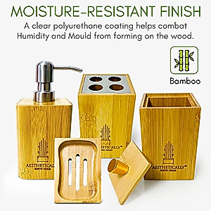 AESTHETICALLY RUSTIC HOME | 5 PC Bathroom Accessories Set Natural Bamboo | Includes Handwash Dispenser Toothbrush Holder Cotton Swab Box Bar Soap Holder & Holding Tray