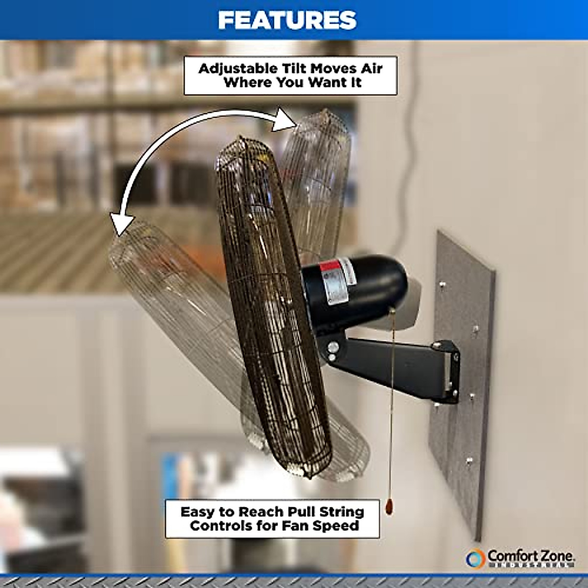 Comfort Zone CZVHW30 30” 2-Speed High Velocity Industrial Wall Fan, All-Metal Construction, Adjustable Tilt, Steel Mounting Bracket with Adjustable Angle, Aluminum Blades, Black