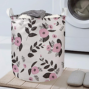 chaqlin Collapsible Laundry Basket, Laundry Hamper with Handles Waterproof Round Cotton Linen Laundry Hamper Printing Household Organizer Basket Pink Flower