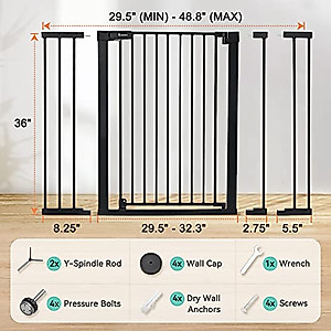 COMOMY 36" Extra Tall Baby Gate for Stairs Doorways, Fits Openings 29.5" to 48.8" Wide, Auto Close Extra Wide Dog Gate for House, Pressure Mounted Easy Walk Through Pet Gate with Door, Black