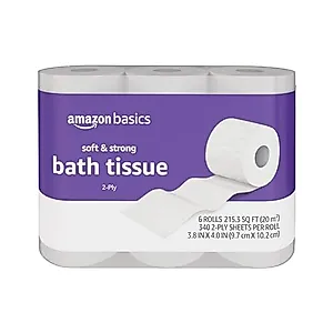 Amazon Basics Soft and Strong 2-Ply Toilet Paper, 6 Ultra Rolls = 24 Regular Rolls, Unscented, 340 Sheet (6 Rolls)