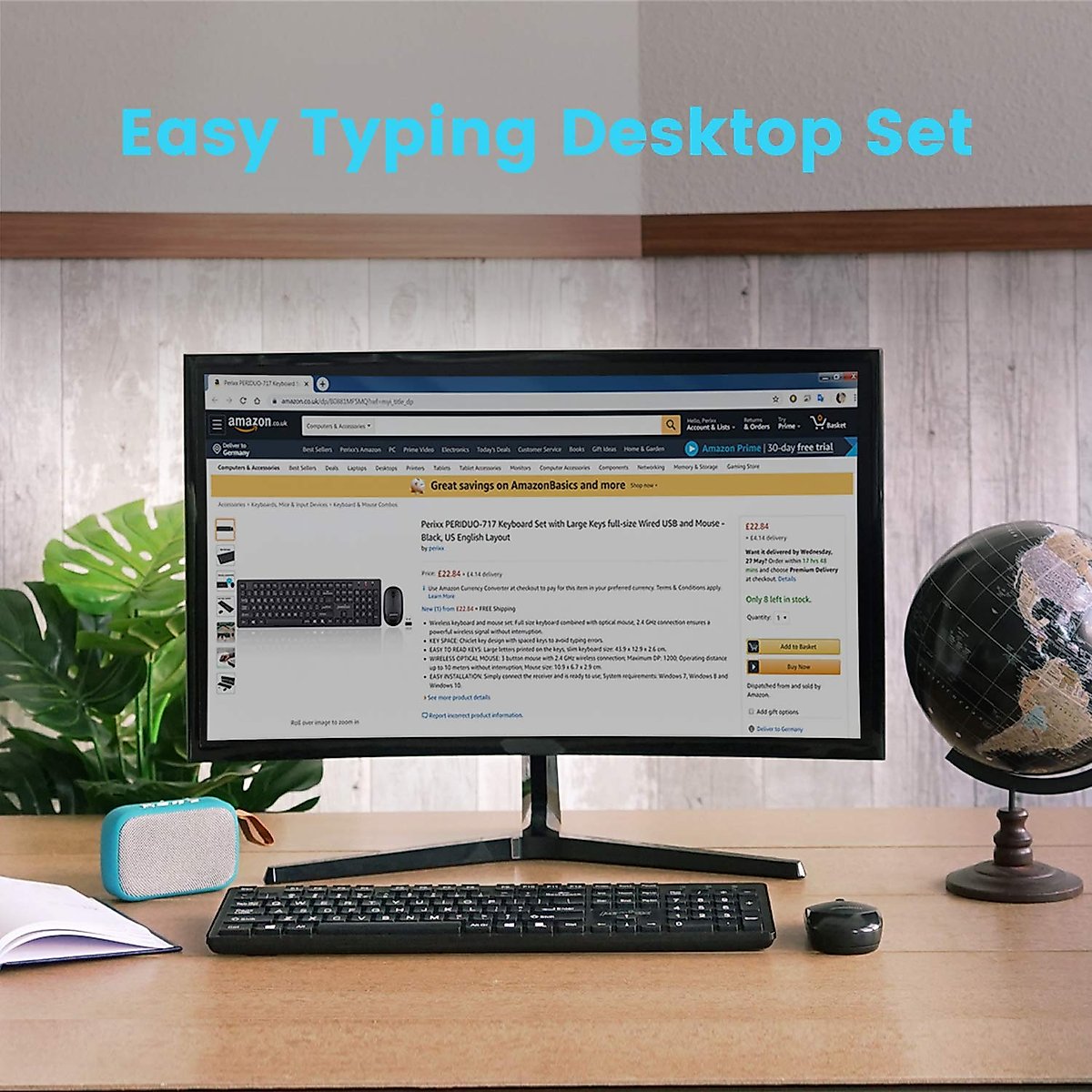 Perixx PERIDUO-717 Wireless Standard Keyboard and Mouse Combo-Set with Big Print Letter, Black, US English Layout