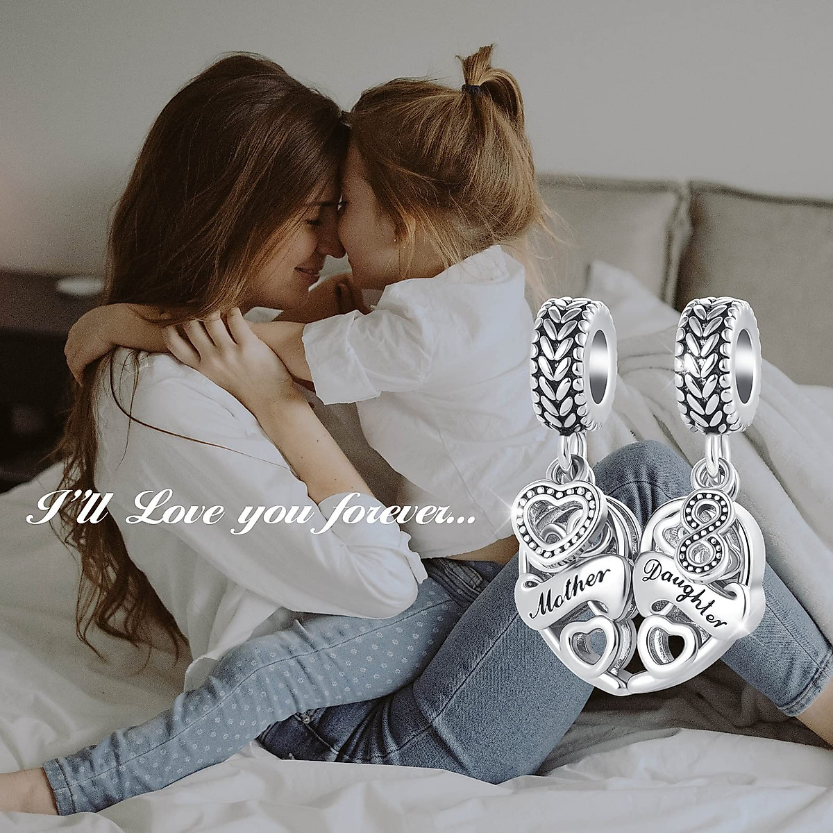 QeenseKc Mother Daughter Matching Heart Pendant Bead Charm for Pandora Bracelet Christmas Gift (Aut-164_MotherDa)