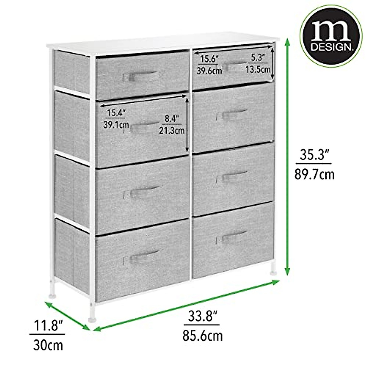 mDesign Tall Steel Frame/Wood Top Storage Dresser Furniture Unit with 8 Slim Removable Fabric Drawers, Large Bureau Organizer for Bedroom, Living Room, Closet - Lido Collection, Gray, Pack of 1
