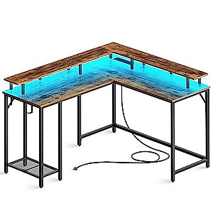 SUPERJARE L Shaped Computer Desk with Power Outlets & LED Lights, Gaming Desk with Monitor Stand & Storage Shelf, Home Office Desk Corner Desk with Hooks, Rustic Brown