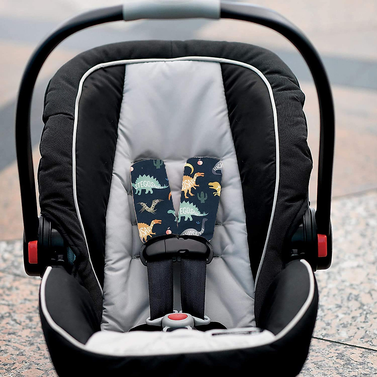 Baby Car Seat Neck Cover, Car Seat Strap Cover, Seat Belt Cushions Pads, Shoulder Strap Protectors, Reversible Pram Harness Covers in Minky Dinosaur, Baby Neck Pad Protector