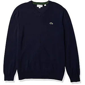 Lacoste Men's Long Sleeve Regular Fit V-Neck Organic Cotton Sweater, Navy Blue, X-Large