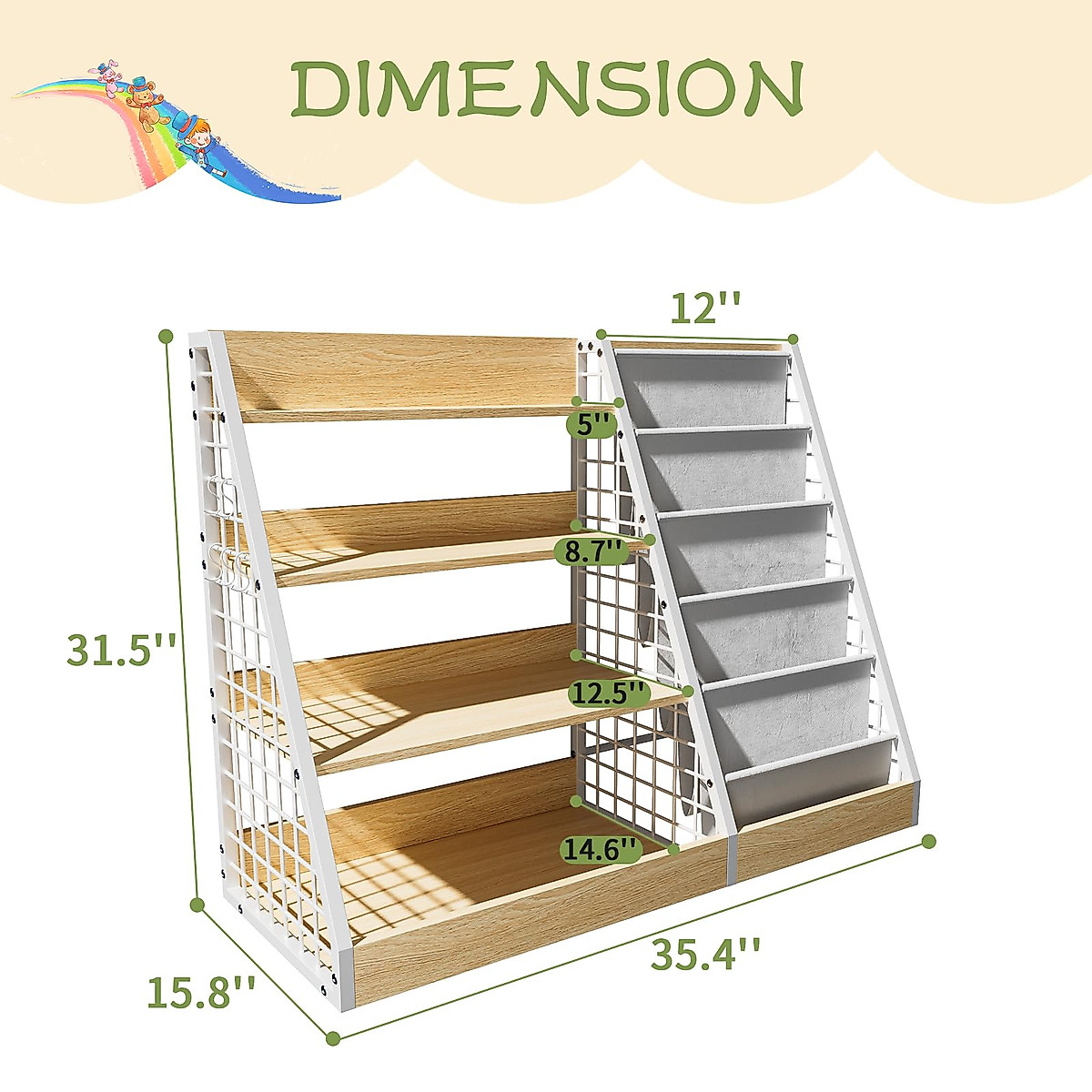 Yeyawomy Kids Book Shelf,4 Tier Wooden Bookshelf,5 Layer Sling Children Bookcase,Toy Organizer Cabinet Chest,Book Display Shelf with Metal Frame, Nursery Playroom Classroom Library (Natural)