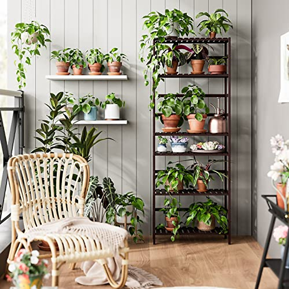 FOTOSOK 6-Tier Bamboo Shelf, Bamboo Bookcase with Adjustable Shelves, Free Standing Storage Shelf Unit, Plant Flower Stand for Kitchen, Bathroom, Home Office, Vintage