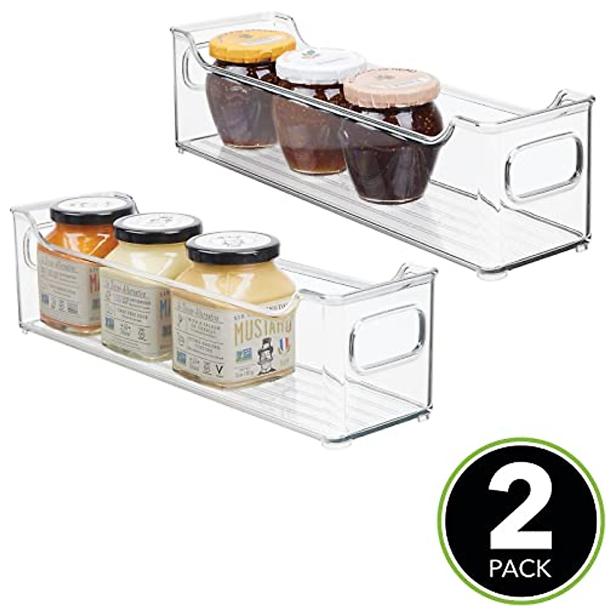 mDesign Slim Stackable Plastic Storage Organization Bin with Handles for Kitchen Cabinet, Pantry, Shelf, Refrigerator, Home Organizer for Fruit, Potatoes, Onions, Drinks, Snacks, Pasta, 2 Pack, Clear