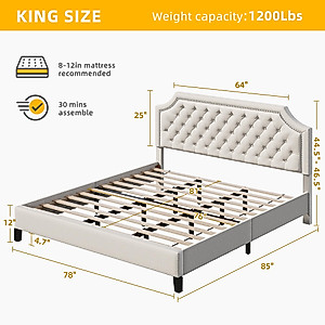 DWVO King Size Bed Frame with Adjustable Headboard, Beige Linen Upholstered Platform Bed Frame with Nail Headboard, 12'' Under-Bed Storage Low Profile Bed Frame No Box Spring Needed Hold up to 1200lbs