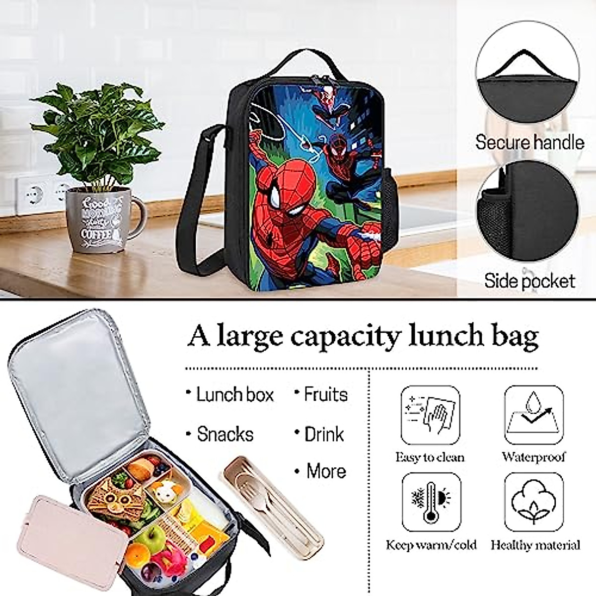 School Backpack Lightweight Travel Backpack Cartoon Large Capacity Insulated Lunch Box Pencil Case 3 Piece Set for Kids Gifts