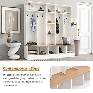 SHMAO Modern Hall Tree with Storage Bench, 4-in-1 Entryway Bench with Coat Rack, 8 Metal Hooks Tall Hall Tree with Shelves, Bottom Shoe Cubby Home Entryway Furniture for Hallway, Bedroom, 72" H White