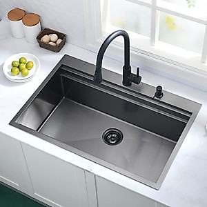 30 Black Drop in Kitchen Sink Workstation- Hovheir 30x22 Topmount Drop In Kitchen Sink Matte Black Stainless Steel Sink Handmade Sink Double Ledges Workstation Sink 16 Gauge Single Basin Kitchen Sink