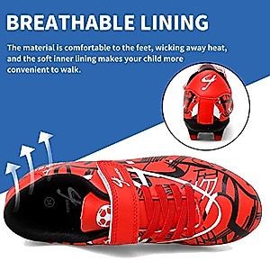 Rhyme-Zeal Kids Soccer Cleats Shoes Boys Girls Athletic Outdoor Indoor Firm Ground Soccer Shoes Comfortable Outdoor Football Shoes Red