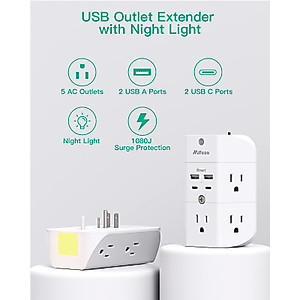 Outlet Extender with Night Light, 5-Outlet Surge Protector with 3 USB Charging Ports, 1800J Power Strip Multi Plug Outlets Wall Adapter Expander with Spaced Outlets for Home, School, Office