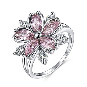 Guoshang Women Pink Crystal Flower Rings Silver CZ Crystal Rings Large Flowers Floral Rings,Pink,#8
