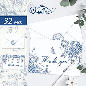 Whaline 32 Packs Floral Thank You Cards Blue White Chinoiserie Flower Greeting Cards Blank Note Cards with Envelopes and Stickers for Wedding Birthday Bridal Shower, 4 x 6 Inch