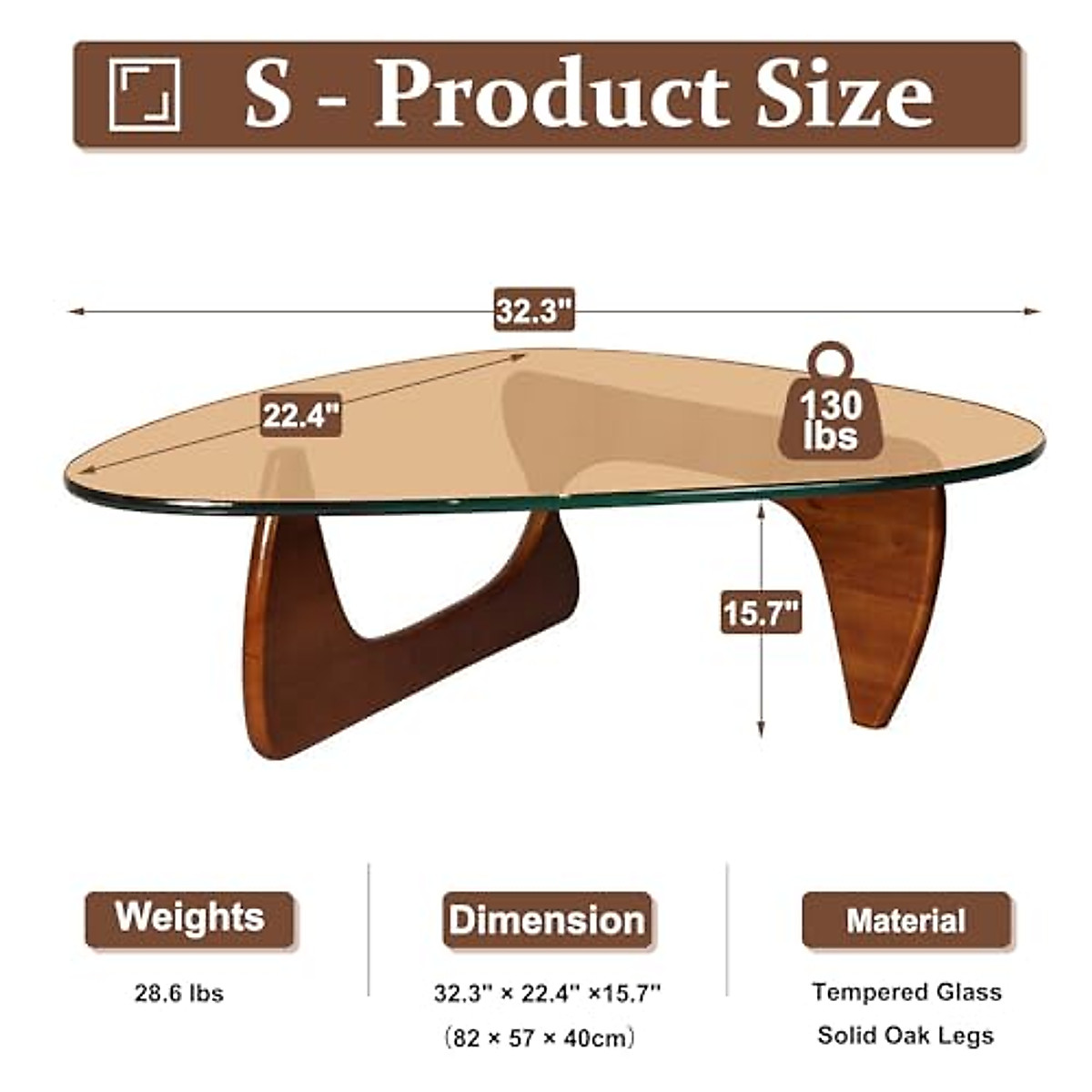 Triangle Glass Coffee Table-Mid-Century Modern End Table Solid Wood Base and Vintage Tempered Transparent Glass Top Coffee Tables Living Room Balcony (Walnut/Brown, Small 32.2 * 22.4 * 16in)