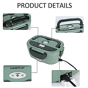 HANFFCAT Electric Lunch Box, Portable Box Food Heater Leak-Proof Sealing Ring Waterproof And For Car、Truck Work 12v 110v 55w ,Stainless Steel Container Spoon Fork、Handbag, Green (DRFH-02)