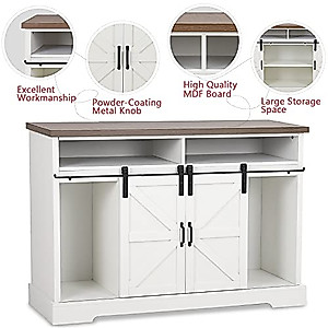 MFSTUDIO Farmhouse Coffee Bar Cabinet, 52" Sideboard Buffet Storage Cabinet TV Stand with Sliding Barn Door for Kitchen Dining Room Living Room, Ivory