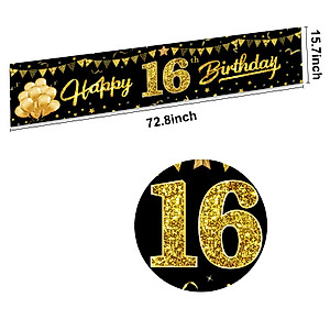 Happy 16th Birthday Banner Decorations for Boys, Black Gold 16 Birthday Signs Party Supplies, Sweet Sixteen Birthday Party Decor for Outdoor Indoor