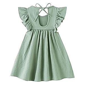 LYXIOF Toddler Baby Girl Cotton Linen Dress Ruffle Sleeve Halter Sleeveless Kids Casual Beach Dresses Green 110CM