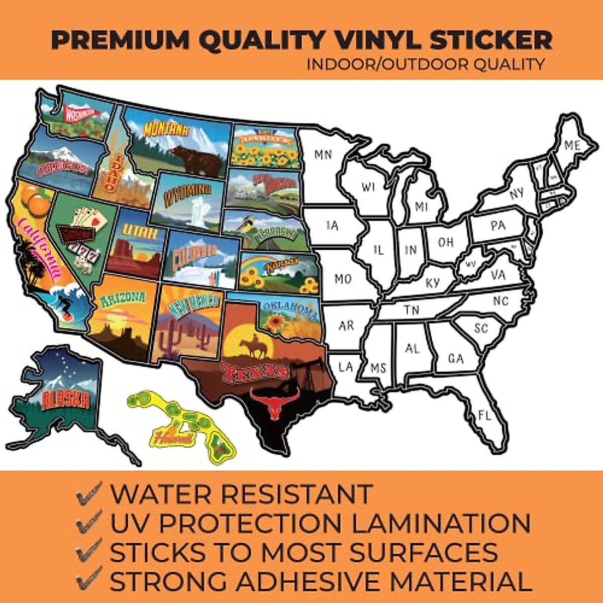 RV State Travel USA Map Vinyl Sticker - Camper Trailer Decals for Window with State Flag - Road Trip Map of America - Waterproof, UV Protection for Window, Door or Wall (Popular)