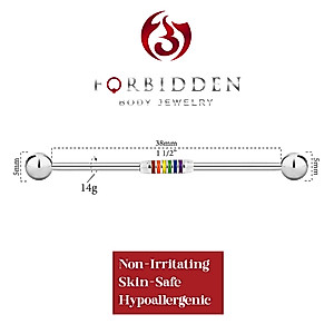 Forbidden Body Jewelry 14G 1 1/2 Inch (38mm) Surgical Steel & Gold Plated Rainbow Stripe Industrial Piercing Barbell