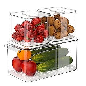 GEDLIRE Produce Saver Containers for Refrigerator 3 Pack, Stackable Plastic Fridge Food Fruit Vegetables Storage Bins with Vented Lids, Clear Freezer Fresh Keeper Organizers and Storage Container Set