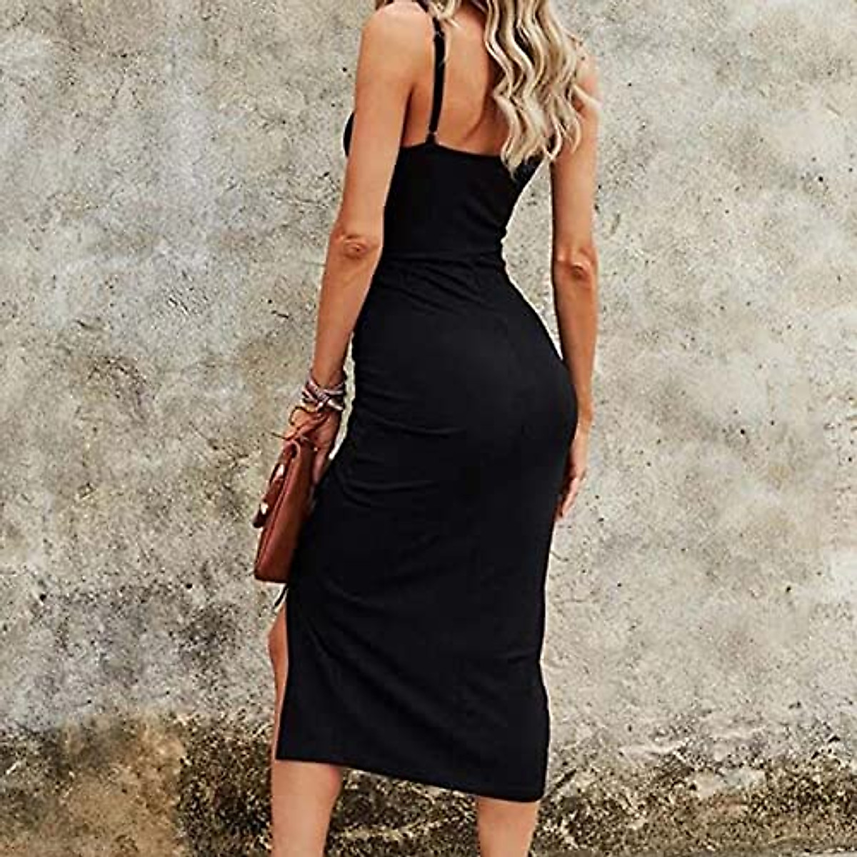 WYTong Women's Casual Dresses Summer Dress High Waist Split Fork Spaghetti Loose Swing Slip V-neck Dress(Black,Small)