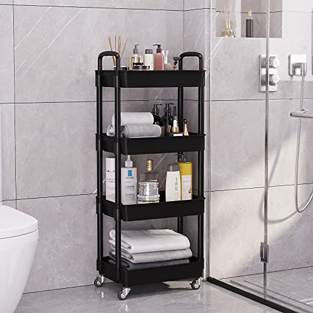 Buzowruil 4-Tier Utility Rolling Plastic Storage Cart Trolley with Lockable Wheels,Multifunctional Storage Shelves for Kitchen Living Room Office,Black