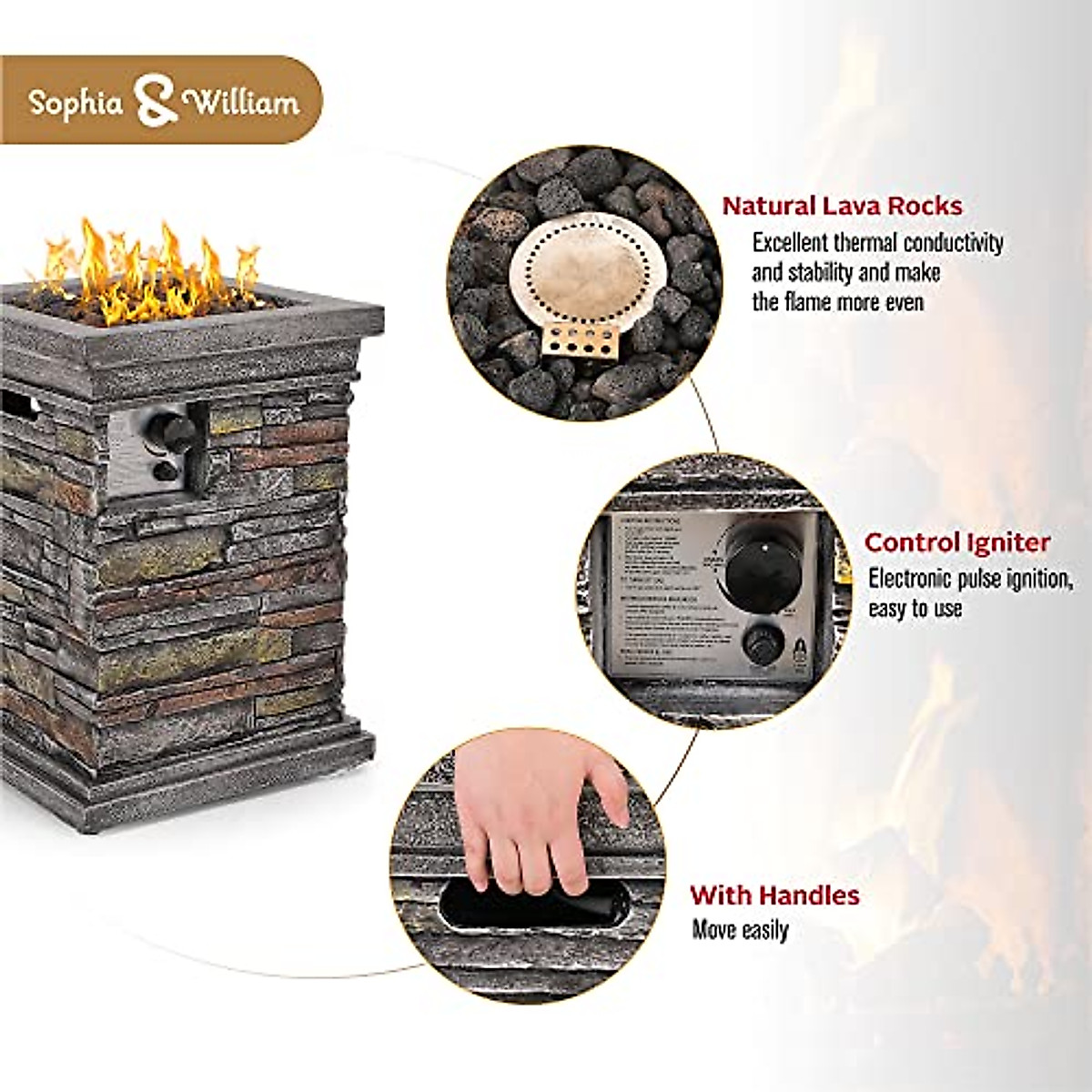 Sophia & William 18" Outdoor Gas Fire Pit Propane Fire Column 30,000 BTU Electronic Ignition Firepit for Patio Garden Backyard with Lava Rocks and Weather Cover, Natural Stone