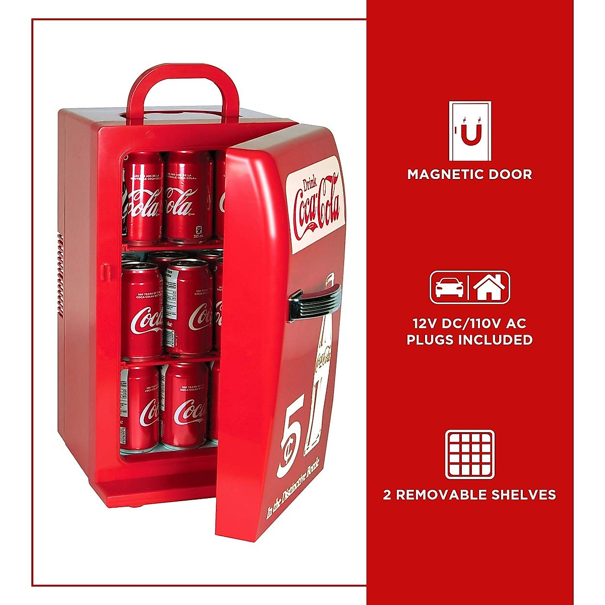 Coca-Cola Retro 18 Can Mini Fridge w/ 12V DC and 110V AC Cords, 22L (23 qt), Portable Cooler, Red, Travel Fridge for Drinks, Snacks, Lunch, Home, Office, Dorm Room, RV