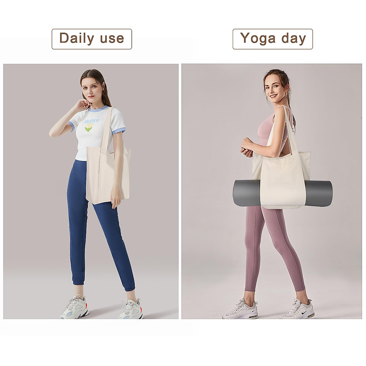 cycleacc Yoga Mat Bag, Gym Tote Bag for Women with Large Mat Carrier Pocket, Canvas Tote Bag for Workout, Pilates, Travel, Beach, Office (White)