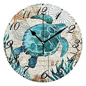 Pfrewn World Map Beach Turtle Wall Clock Silent Non Ticking Under Underwater Animal Starfish Clocks Battery Operated Vintage Desk Clock 10 Inch Quartz Analog Quiet Bedroom Living Room Home Decor